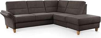 Cavadore Ecksofa Wyk mit Federkern / Eckcouch im Landhaus-Stil mit Ottomane und Holzfüßen / 238 x 90 x 213 / Jacquard, Braun