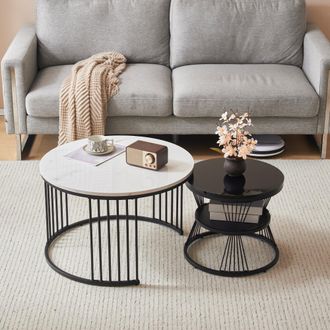 Generic Modernes 2-teiliges Couchtisch-Set mit marmorierter Hochglanz-Tischplatte, runde Nesting-Beistelltische mit stabilem schwarzem Metallrahmen, platzspar