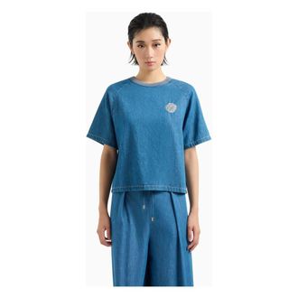Emporio Armani Femme, Tops, Bleu, Taille: 44 FR Denim Blouse with Logo Embroidery