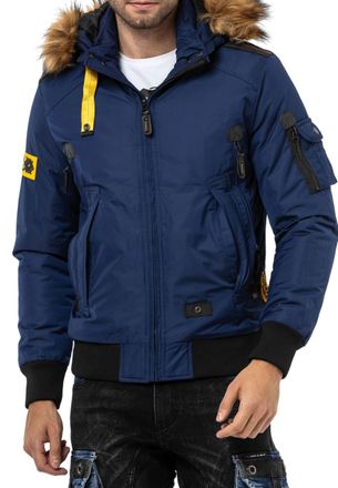 Cipo & Baxx Herren Mantel CM220 Marineblau - Stylische Winterjacke im modernen Design mit warmem Innenfutter, abnehmbarer Kapuze und funktionalen Details f&uuml;r kalt