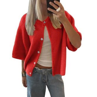 Generic Y2k Cardigan court en tricot &agrave; manches courtes boutonn&eacute; en tricot c&ocirc;tel&eacute; de couleur unie pour femme, Rouge, XL