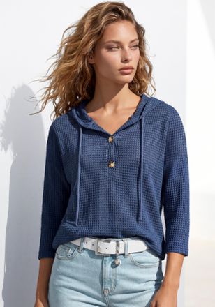 Lascana Kapuzenshirt LASCANA aus Waffelstrick, Damen, Gr. 32/34, blau, Strick, Obermaterial: 64% Polyester, 34% Viskose, 2% Elasthan, leicht transparent, unif