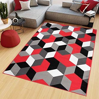 Tapiso Maya Tapis Poil Court Moderne Rouge Gris Blanc Noir G&eacute;om&eacute;trique Motif Mosa&iuml;que Tapis Salon Chambre Salle &agrave; Manger Adulte Bureau Oeko-TEX R&eacute;sistant 80 