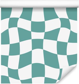 OEM Carta Da Parati Casual A Scacchiera Nei Toni Del Mare, Bianco, Menta E Turchese, 50x1000 Cm