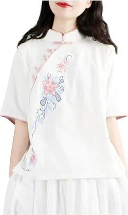 Lazutom Chemisier rétro chinois grenouille boutonnée en coton et lin brodé floral chemise à manches mi-longues pour femme, blanc, 42
