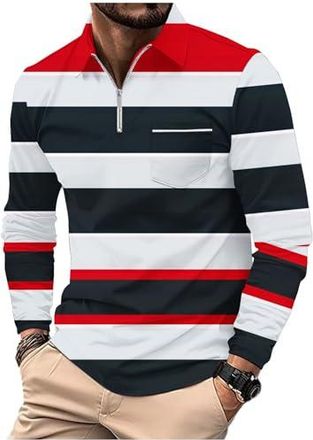 Generic Polo &agrave; manches longues pour homme Patchwork Ray&eacute; Revers T-shirt d&eacute;contract&eacute; Chemises de vacances Tops, Blanc., 3XL