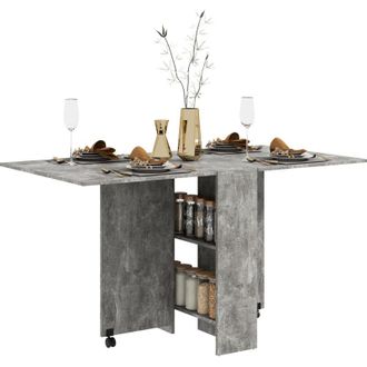 HOMCOM Table pliante sur roulettes 140L x 75l x 74H cm 2 &eacute;tag&egrave;res int&eacute;gr&eacute;es panneaux effet b&eacute;ton cir&eacute;