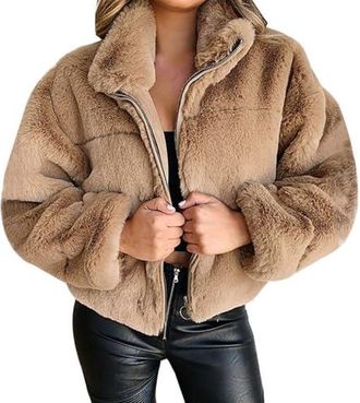 Generic Veste en fourrure courte pour femme - Veste polaire en fausse fourrure - Veste en peluche - Veste surdimensionn&eacute;e Y2K - Veste douillette &agrave; manches lon