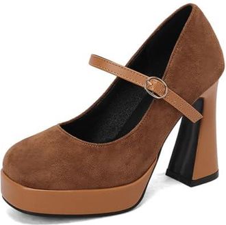 Generic Femmes Suede Mary Jane Pompes Plate-Forme Haut Chunky Talons Rond Bout Fermé Boucle Sangle Chaussures Habillées,Marron,42.5 EU