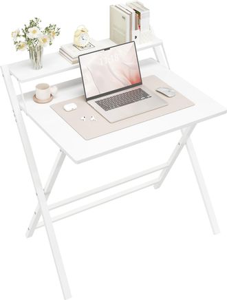 Yaheetech Schreibtisch Klappbar, 80 cm Computertisch mit Ablage, 2-Stufiger Arbeitstisch mit Monitorst&auml;nder, Laptoptisch f&uuml;r Homeoffice/Kleine R&auml;ume/Wohnzimmer,