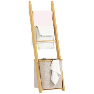 HOMCOM Bamboo Badezimmer Regal, 3 Bars Handtuchhalter, 48 L ausziehbaren Wäschekorb, für Schlafzimmer, Waschküche, Creme