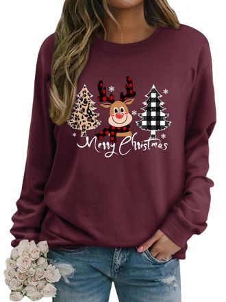 Dresswel Weihnachtspullover Damen Merry Christmas Sweatshirt Lustig Rudolph Rentier Druck Baumwolle Weihnachten Weihnachts Xmas Pullover Weihnachtspulli Teenag