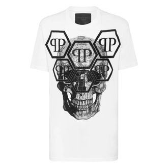 Philipp Plein T-Shirt Rundhals SS Totenkopf mit Kristallen - - Tops - Herren - Wei&szlig; - 3XL