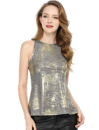Allegra K Damen Pailletten Oberteil Metallic Glitzer Ärmellos Club Party Camisole Tank-Tops Silber XL