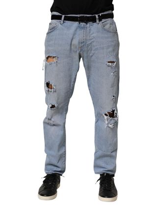 Dolce & Gabbana Mens Blue Cotton Distressed Slim Fit Denim Jeans Co+01 Clothing