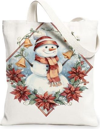 Generic Sacs fourre-tout en toile motif bonhomme de neige pour vacances, sacs d&eacute;picerie r&eacute;utilisables, mignons, l&eacute;gers et lavables avec bandouli&egrave;re, Blanc, 13