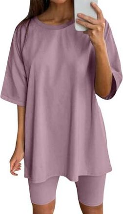 Generic Ensemble 2 pi&egrave;ces pour femme - T-shirt surdimensionn&eacute; d&eacute;contract&eacute; - Short de motard - Surv&ecirc;tement de sport - Ensemble assorti, violet clair, XXL