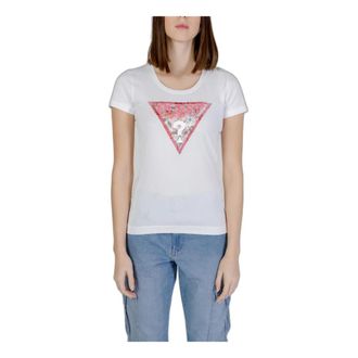 Guess Femme, Tops, Blanc, Taille: 36 FR T-shirt imprimé à manches courtes et col rond
