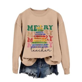 Generic Pull de Noel Moche Femme Pulls de Noel Sweatshirt de Noël pour Enseignante avec Motif Sapin de Noël Col Rond Manches Longues