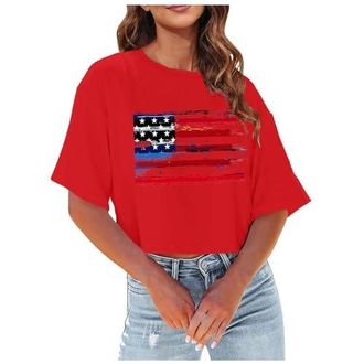 Generic Hauts courts d&eacute;contract&eacute;s pour femmes &agrave; col rond 2025 coupe ample T-shirt court mignon patriotique demi-chemises &agrave; manches courtes pour femme T-shirts