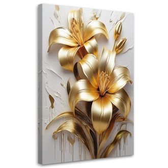 Feeby Wandbild - Wohnzimmer Modern Deko - Gold Blumen Glamour Gemalte - 60x90 1tlg - Bilder Leinwand - Bild auf Leinwand Schlafzimmer - Leinwandbilder f&uuml;r d