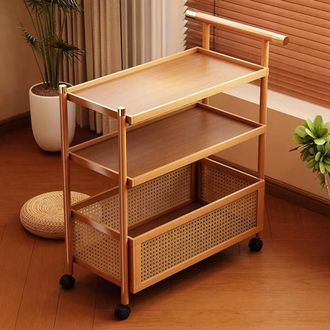 Generic K&uuml;chenwagen, zweist&ouml;ckiger Bambuswagen mit Armlehnen, mobiler Servierwagen mit 360&deg;-R&auml;dern, rustikaler brauner Beistelltisch f&uuml;r Wohnzimmer, B&uuml;ro und 