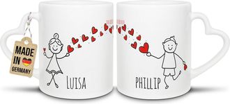 Tassendruck Partner-Tassen mit süßen Strichmännchen - für Frau und Mann - zum selbst Beschriften mit Wunschnamen - 2er Set Kaffeebecher aus Keramik mit Herzhenkel