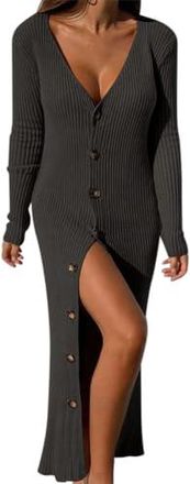 ORANDESIGNE Femme Robe Longue en Maille Cotel&eacute; Pull Hiver Tricot Sexy Robe Moulante Manche Longue Col V Robe Chemise Boutonn&eacute;e Devant Slim Fit Casual Soir&eacute;e Cockt