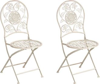 Beliani Beliani - Lot de 2 Chaises de Jardin Vintage en M&eacute;tal Pliantes Motif Floral Beige Clair Yaviza