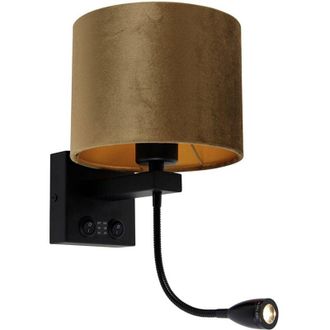 QAZQA Wandleuchte Schwarz mit Bronze-Samt-Schirm 18cm - Brescia