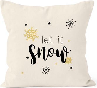 Autiga Kissenbezug Weihnachten Winter Let it Snow Spruch Schnee Eiskirstalle Schneeflocken Kissen-H&uuml;lle Baumwolle Natur 40cm x 40cm