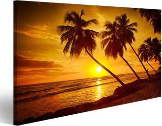 Islandburner Bild Bilder auf Leinwand Schöner Sonnenuntergang über dem Meer mit Blick auf Palmen am weißen Strand auf Einer Karibikinsel von Barbados Wandbild, Pos