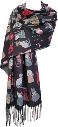 GFM Ch&acirc;le pashmina imprim&eacute; chats de dessin anim&eacute; au toucher cachemire pour lautomne et lhiver (CTSHL-B), S2-noir, L