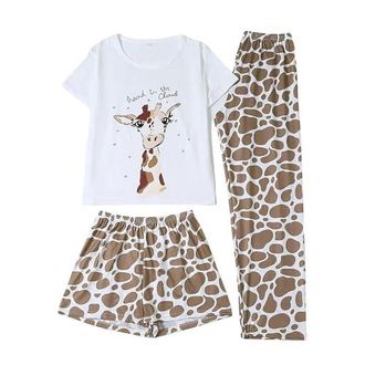 Generic Pyjama &agrave; manches courtes avec short et pantalon imprim&eacute; floral pour la Saint-Valentin 2026, blanc, XL