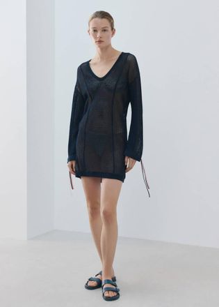 Mango Robe r&eacute;sille &agrave; manches longues bleu marine - Femme - S - MANGO