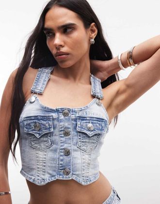 True Religion Crop top densemble en jean fa&ccedil;on salopette - Bleu clair d&eacute;lav&eacute;