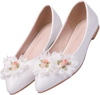 Beaupretty Chaussures Pointues Plates pour Femmes Mariage et Demoiselles dhonneur en Dentelle Blanche Noeud et Paillettes Taille 40 Semelle Fine Confortable Styl