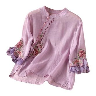 Generic T-shirt pour femme avec manches trois-quarts et boutonni&egrave;re en lin et boucle de disque brod&eacute;e style r&eacute;tro, lilas, 3XL