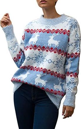 Generic 2026 Pull en tricot &agrave; manches longues et col rond pour femme Motif flocon de neige, bleu, S
