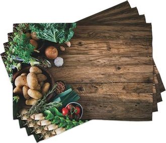 Abakuhaus R&eacute;colte Sets de Table, Lot de 8, L&eacute;gumes sur Table en Bois Choix sain Aliments biologiques Herbes et &eacute;pices Saisonnier, D&eacute;coration de Table pour Salle