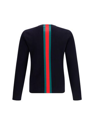Gucci Mens Knitted Cotton Sweater With Web Intarsi Blue Japan-Green-Red Japan/green/red