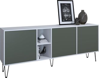 Vladon Sideboard Havana, TV-Schrank mit 3 Türen und 2 offene Fächer, Kommode Made in Germany, Weiß matt/Fjord Grün (181,5 x 73 x 35 cm)