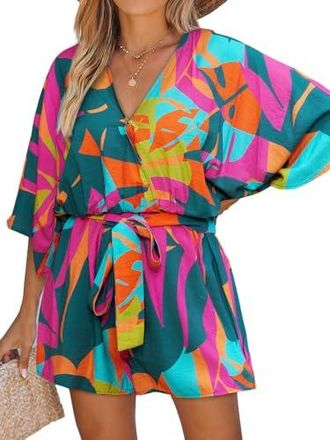 Cupshe Barboteuse d&eacute;t&eacute; &agrave; lacets pour femme - Manches mi-longues - D&eacute;contract&eacute;e - Jambe large - Tenue de vacances - Mini combinaison une pi&egrave;ce, Motif vert., S