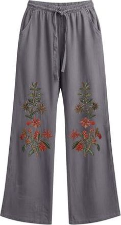 Generic Pantalon long en lin pour femme - Broderie florale - Pantalon en tissu d&eacute;contract&eacute; l&eacute;ger et a&eacute;r&eacute; - Taille &eacute;lastique - Pantalon de loisirs - D&eacute;contract