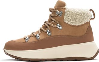 FitFlop F-Mode Damen-Stiefelette mit Teddy-Kragen, warmes Wildleder, Schnürstiefelette, Wüstenbraun, Größe 36, Desert Tan, 36 EU
