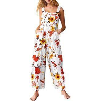 Generic Salopette pour femme - Sans manches - Jambe large - Style d&eacute;contract&eacute; - Style vintage boh&egrave;me - Imprim&eacute; floral et multicolore - Col carr&eacute; - Avec poches