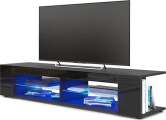 Vladon Lowboard Movie, TV-Kommode mit 4 offenen Fächern und Zierleisten, Schwarz matt/Schwarz Hochglanz, inkl. LED-Beleuchtung in blau (134 x 29 x 39 cm)