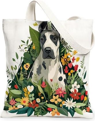 Generic Sac fourre-tout en toile motif dogue allemand pour le shopping, 33 x 38,1 cm, sac d&eacute;picerie r&eacute;utilisable avec motif imprim&eacute; de plantes, fleurs, chiots