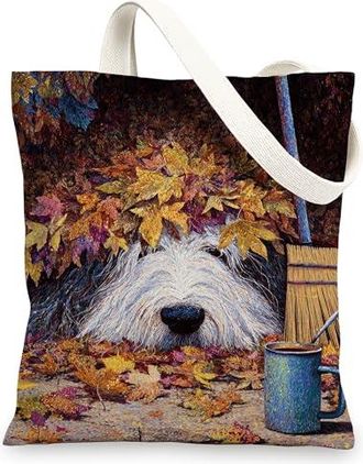 Generic Sacs fourre-tout en toile avec motif feuilles dautomne réutilisables, légers et lavables avec bandoulière pour voyage, plage, pique-nique, 33 x 38 cm