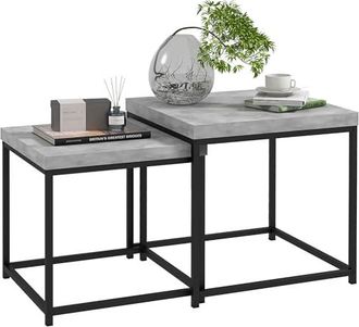 HOMCOM Lot de 2 Tables gigognes Tables Basses carr&eacute;es Tables de Salon Cadre en Acier et Plateaux en Bois Gris